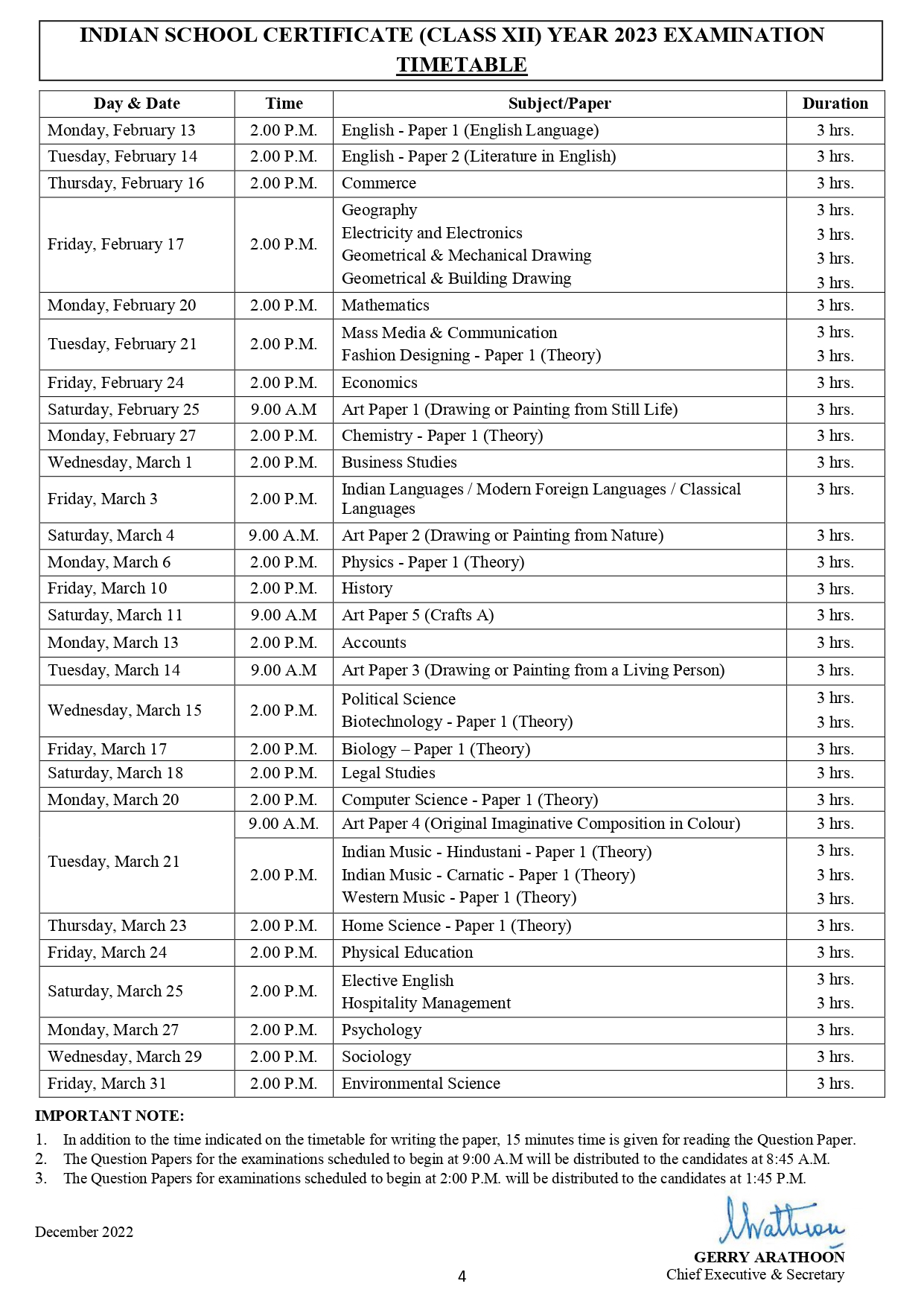 ISC Time Table 2023: Class 12th Semester 1 & 2 Exam Date Sheet ...